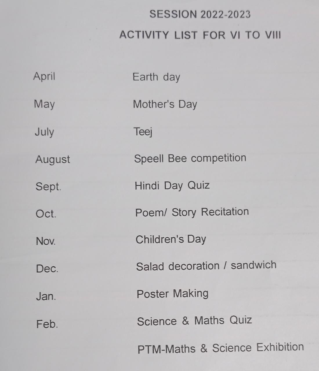 Examination Schedule – PML SD Public School Sector 32-C, Chandigarh